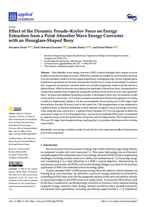 Pdf Effect Of The Dynamic Froude Krylov Force On Energy Extraction From A Point Absorber Wave