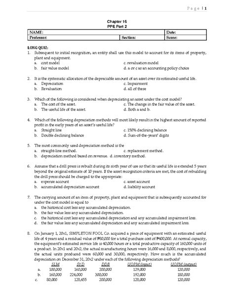 Quiz Chapter 16 Ppe Part 2 Chapter 16 Ppe Part 2 Name Date Professor Section Score Long