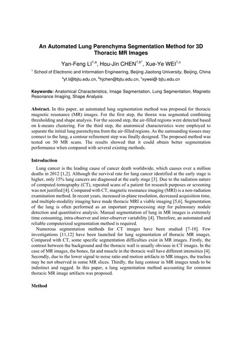 Pdf An Automated Lung Parenchyma Segmentation Method For 3d Thoracic Mr Images