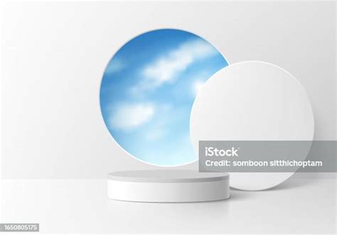 둥근 창문에 구름 푸른 하늘이 있는 추상적인 3d 흰색 실린더 받침대 연단 배경 모형 제품 디스플레이 프레젠테이션 최소한의 벽 장면 무대 쇼케이스 플랫폼 벡터 기하학적