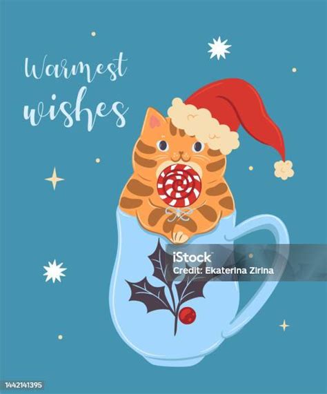 머그잔에 고양이가 있는 귀여운 엽서 벡터 그래픽입니다 12월에 대한 스톡 벡터 아트 및 기타 이미지 12월 개념 겨울 Istock