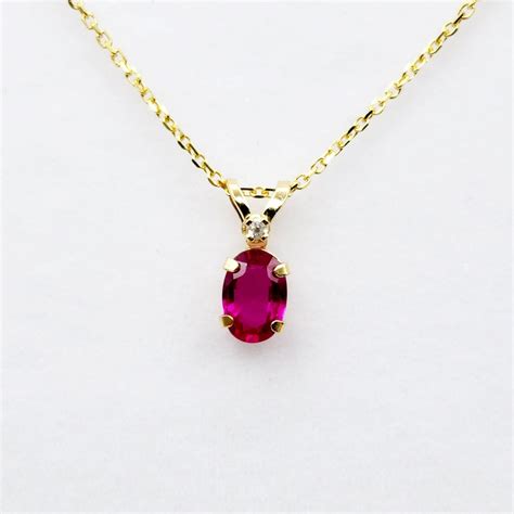 Gold Ruby Pendant Necklace 14k Yellow Gold Genuine Ruby 6x4mm With Diamond Pendant July