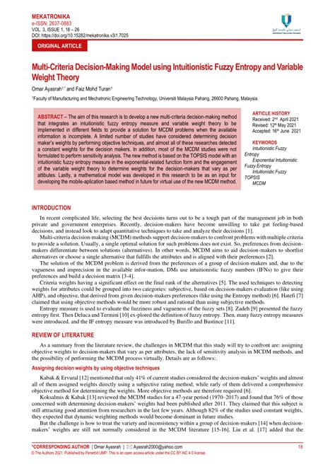 Pdf Multi Criteria Decision Making Model Using Intuitionistic Fuzzy Entropy And Variable