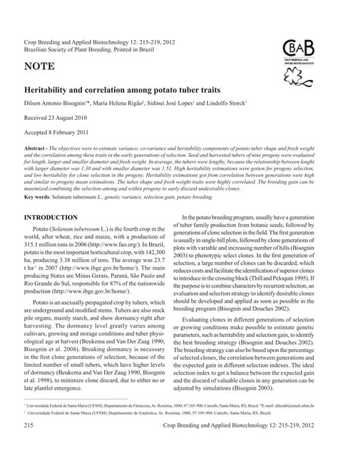 Pdf Heritability And Correlation Among Potato Tuber Traits