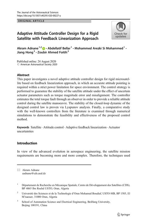 Pdf Adaptive Attitude Controller Design For A Rigid Satellite With