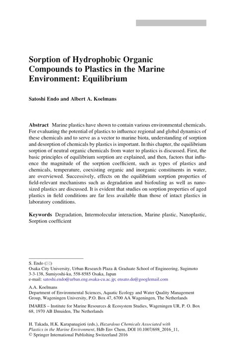 Pdf Sorption Of Hydrophobic Organic Compounds To Plastics In The