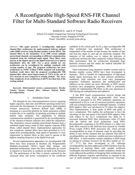 PDF A Reconfigurable High Speed RNS FIR Channel Filter For Multi Standard Software Radio Receivers