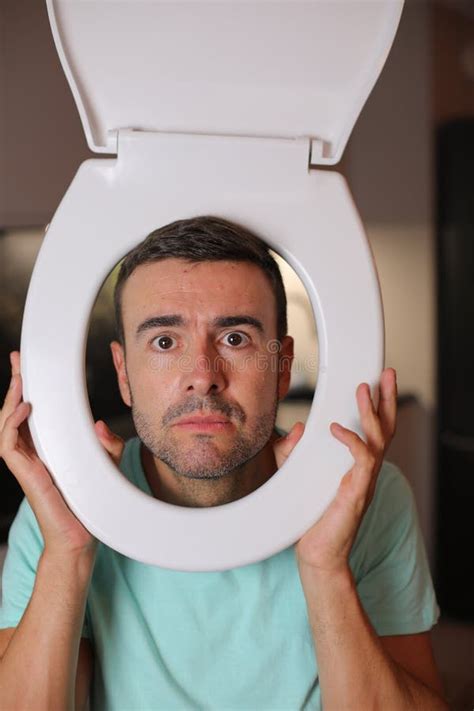 Comedian Holding Toilet Part Aorund His Face Stock Image Image Of Male Face