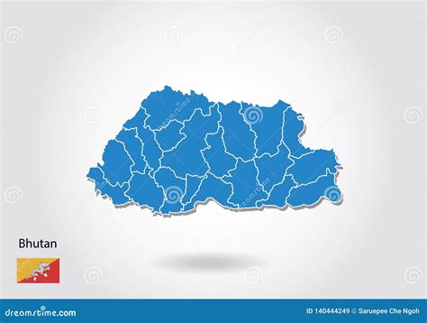 Bhutan Map Design With 3d Style Blue Bhutan Map And National Flag Stock Vector Illustration