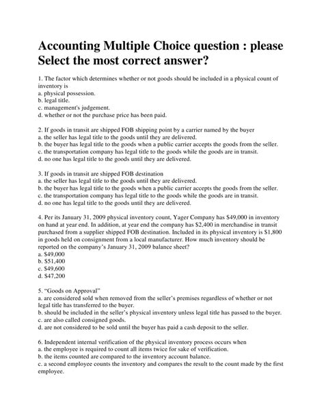 Accounting Multiple Choice Question Pdf Inventory Global Business