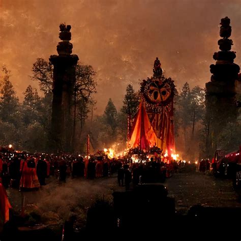 8k Wide Shot Of A Traditional Bohemian Grove Ceremony A 20 Foot Tall
