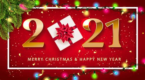 메리 크리스마스와 새해 복 많은 새해 2021 번호 로고 프로모션 포스터 또는 빨간색 선물 상자 전나무 나무 빛 화환 쇼핑 크리스마스 프로모션 레드와 골드 스타일 배너 축제