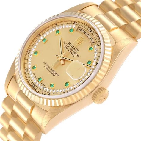 Rolex Day Date President Yellow Gold String Diamond Emerald Mens Watch