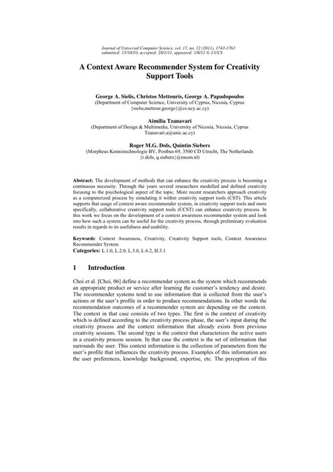 Pdf A Context Aware Recommender System For Creativity Support Tools