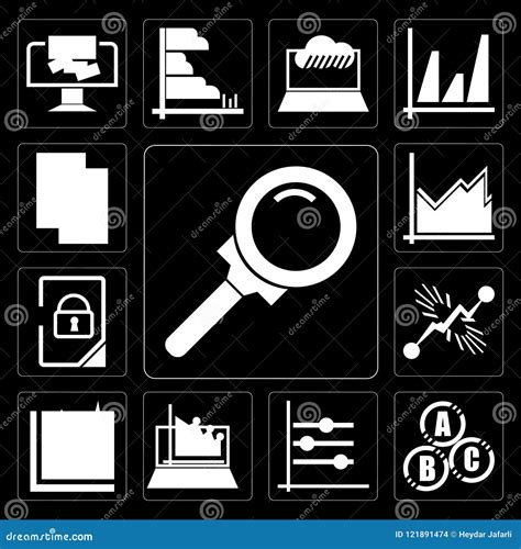 Set Of Magnifier Tool In Vertical Position Interface Data Interconnected Box Plot Graphic
