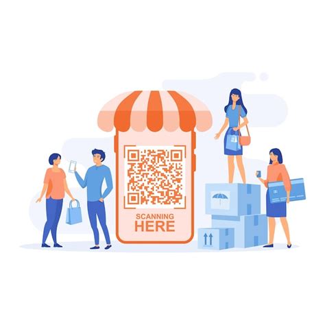 Qr 코드 개념 온라인 쇼핑 및 결제를 위해 모바일 스마트폰을 사용하여 바코드를 스캔하는 젊은 사람들 플랫 벡터 현대적 일러스트레이션 프리미엄 벡터