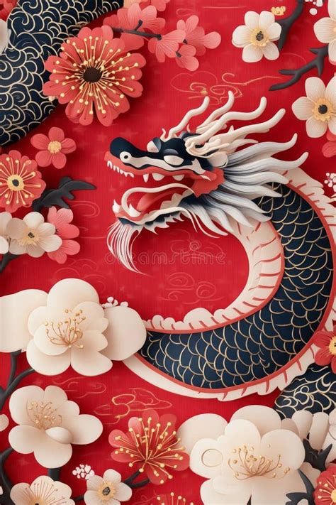 Two Stylized Dragons Playfully Interact Against A Vibrant Red Background With Floral Elements