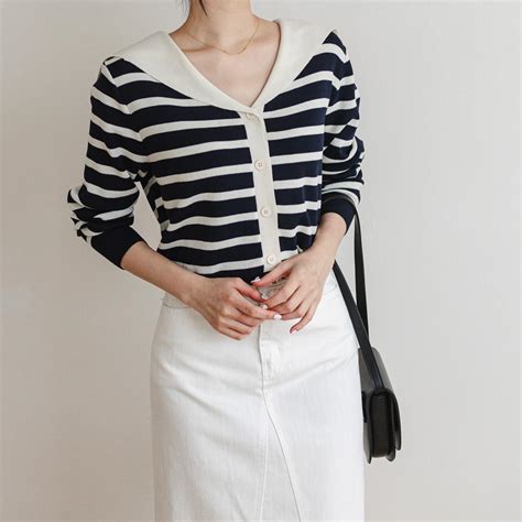 찌니찌니마켓 단가라 니트 가디건 스트라이프 마린룩 세일러카라 여성 상의 탑