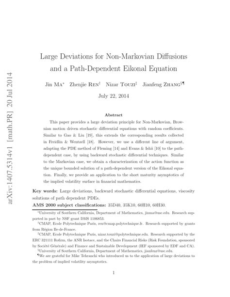 Pdf Large Deviations For Non Markovian Diffusions And A Path Dependent Eikonal Equation
