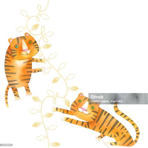 화환과 귀여운 호랑이 흰색에 텍스트를위한 장소와 축제 수채화 그림 초대장 인사말 카드 및 디자인 요소에 적합합니다 새해 2022