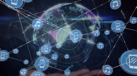 Animation Of Network Of Digital Icons Over Globe Of Plexus Networks Spinning Over Cupped Hands
