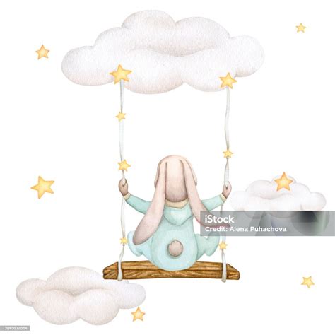 귀여운 작은 토끼가 그네에 앉아 있습니다 어린이용 일러스트입니다 손으로 그린 수채화입니다 베이비 샤워 생일 어린이 파티 인쇄 초대장 포스터 인사말 카드 엽서에 대 한 클립