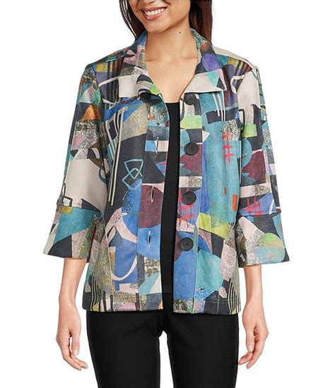 Ali Miles Woven Abstract Multi Wire Collar 34 Sleeve Side Seam Pocket