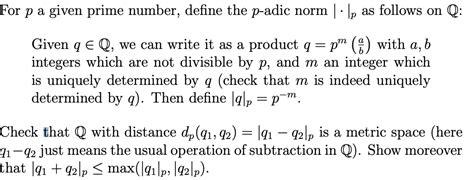 Solved For P A Given Prime Number Define The P Adic Norm