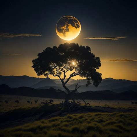 Premium Ai Image Lone Tree With Solar Eclipse