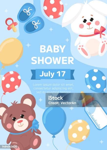 벡터 베이비 샤워 초대장 템플릿입니다 만화 유치한 장난감 곰 토끼 풍선 어린이 부티 젖꼭지 파란색 배경에 병 A4 배경 전단지