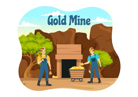 Gold Mine Illustration With Mining Industry Activity For Treasure Pile Of Coins Jewelry And