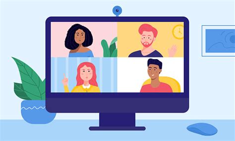 데스크톱 화면에 네 친구는 화상 통화 컨퍼런스를 통해 채팅 젊은 남자와 여자는 온라인 파티에서 대화를 원격 작업 중 팀 구성원의