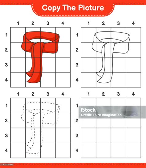 그림을 복사하고 격자선을 사용하여 스카프 사진을 복사하십시오 교육 어린이 게임 인쇄 가능한 워크 시트 벡터 일러스트 레이 션 0명에 대한 스톡 벡터 아트 및 기타 이미지