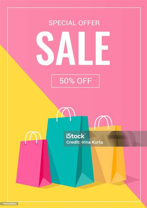 프로모션 판매 전단지 분홍색과 노란색 배경의 선물 가방 A4 벡터 일러스트 레이 션에 대 한 포스터 배너 특별 제공 세일에 대한 스톡 벡터 아트 및 기타 이미지 Istock
