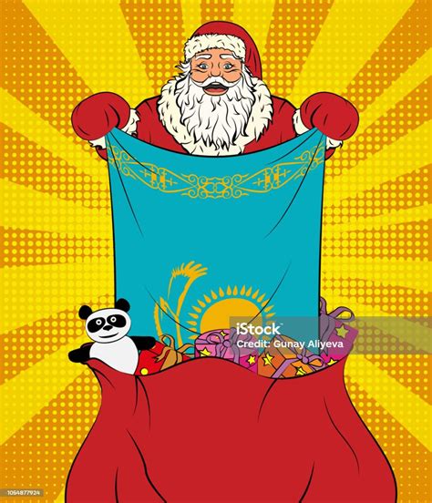 산타 클로스 팝 아트 스타일의 장난감 가방 카자흐스탄의 국기를 가져옵니다 새 해 팝 아트 스타일에서의 일러스트 레이 션 가방에 대한 스톡 벡터 아트 및 기타 이미지 Istock