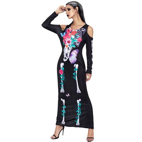 Buy Halloween Women Skeleton Print Dress Costume Bones Floral Off
