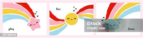 무지개와 가와이 스타 태양과 구름의 재미있는 디자인 세트 귀여운 인사말 카드 또는 멋진 포스터에 대한 창조적 인 벡터 일러스트 0명에 대한 스톡 벡터 아트 및 기타 이미지