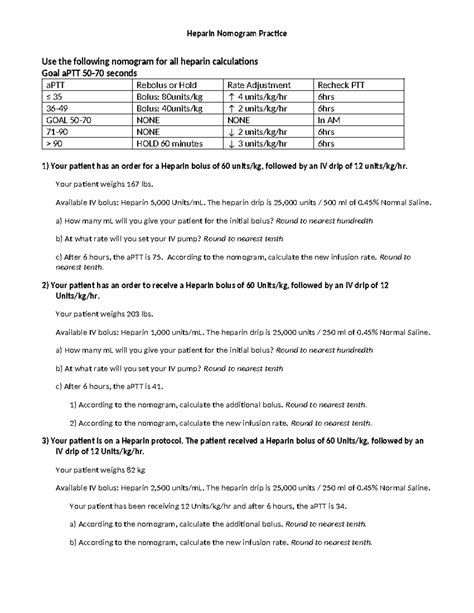 Heparin Nomogram Practice Your Patient Weighs 167 Lbs Available Iv Bolus Heparin 5 000 Units