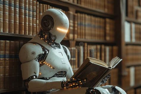 Robot Reading In Library Robot Book Library Knowledge Future A Futuristic Android Absorbs