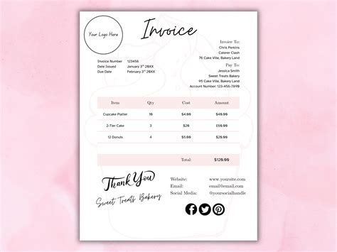 Pink Bakery Invoice Template Cake Shop Payment Form Pastry Chef Order