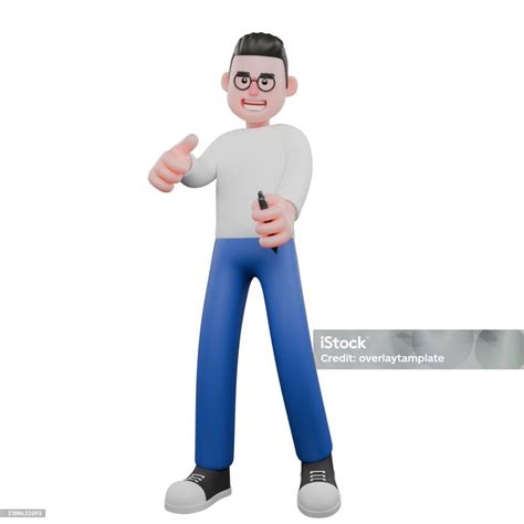 만화 스타일의 3d 모델 일러스트 레이 션에 비디오 편집기 남성 비디오 편집자는 왼손에 펜을 들고 다른 손에 엄지 손가락을 치켜 올리며 큰 미소를 짓고 있습니다 디자인