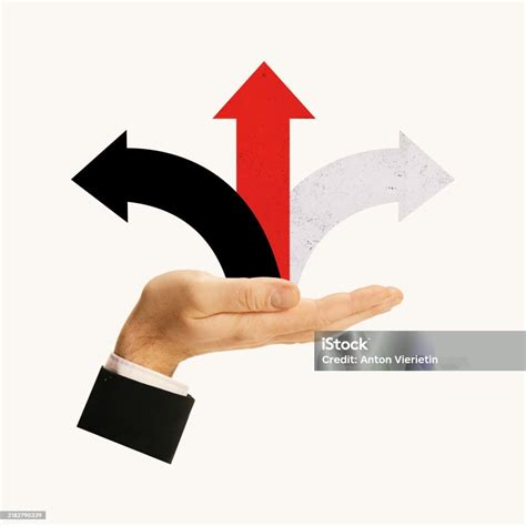 포스터 현대 미술 콜라주 손에는 올바른 방향을 선택하는 지침을 상징하는 세 개의 화살표가 있습니다 0명에 대한 스톡 사진 및 기타 이미지 Istock
