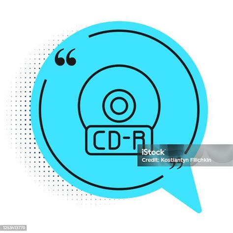 흰색 배경에 격리된 검은색 선 Cd 또는 Dvd 디스크 아이콘입니다 컴팩트 디스크 사인 파란색 음성 버블 기호입니다 벡터