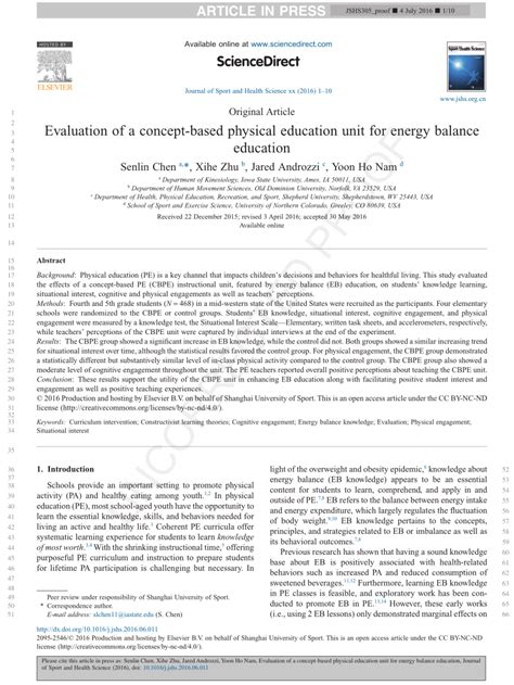 PDF Evaluation Of A Concept Based Physical Education Unit For Energy Balance Education