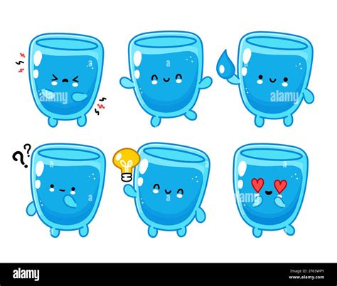 Cute Funny Happy Water Glass Character Set Collection Vector Flat Line