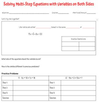 Unit 2 Solving Equations Entry Solving Equations With Variables On Both Sides