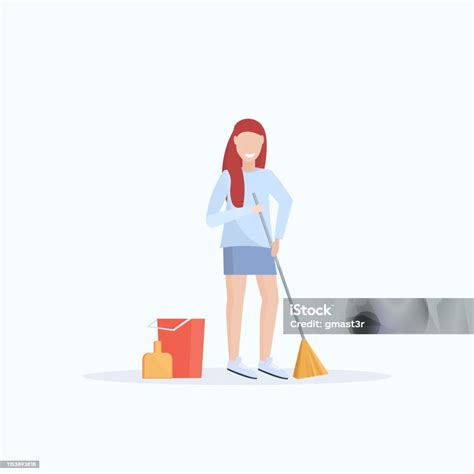 여성 주부 지주 빗자루 여자 클리너 청소 바닥 청소 서비스 하우스키핑 개념 전체 길이 평면 흰색 배경 대걸레에 대한 스톡 벡터