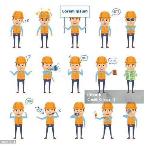 다양 한 작업 감정을 보여주는 건설 노동자 문자의 집합입니다 재미 있는 장인 지도 간판 확성기 자 고 다른 작업을 보여주는 들고 공사장 인부에 대한 스톡 벡터 아트 및 기타