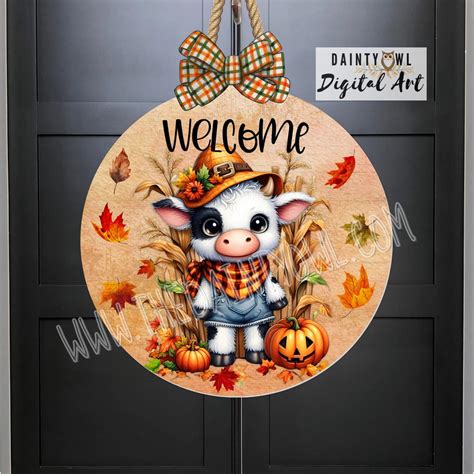 Fall Scarecrow Cow Png Autumn Round Door Hanger Digital Download Etsy