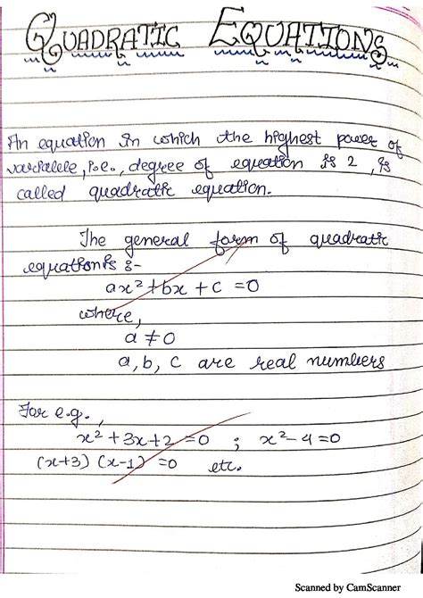Mp Board Class 10th Maths Handwritten Notes English Medium Quadratic Pdf
